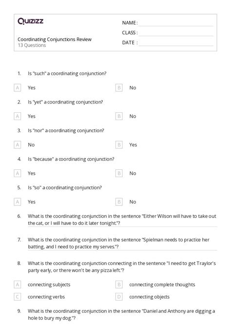 50 Coordinating Conjunctions Worksheets For 8th Class On Quizizz Free And Printable