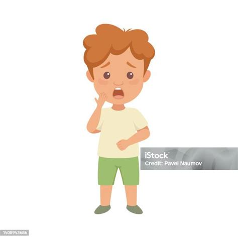 충격을받은 어린 소년 캐릭터 녹색 반바지에 서있는 포즈 헐떡이는 정면보기 벡터 일러스트 레이 션 감정에 대한 스톡 벡터 아트 및
