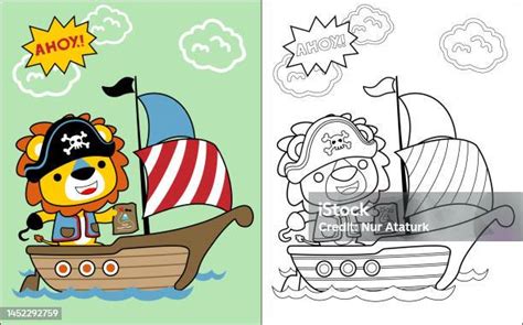 범선에 해적 의상을 입은 사자 만화가 있는 색칠하기 책 벡터 만화에 대한 스톡 벡터 아트 및 기타 이미지 만화 모자 모자류 해적 Istock