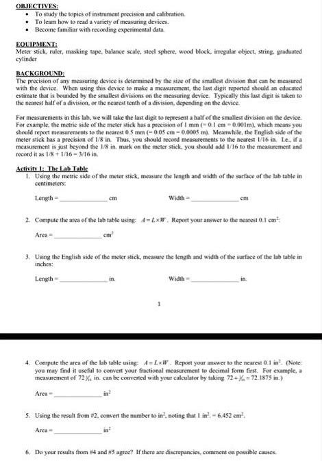 SOLVED OBJECTIVES To Study The Topics Of Instrument Precision And Calibration To Learn How To