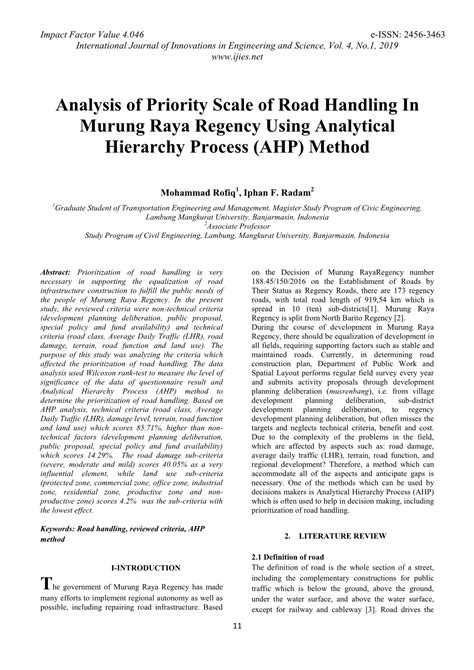 analysis of priority scale of road handling in murung raya regency using analytical hierarchy