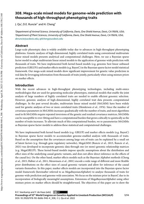 Pdf 308 Mega Scale Mixed Models For Genome Wide Prediction With