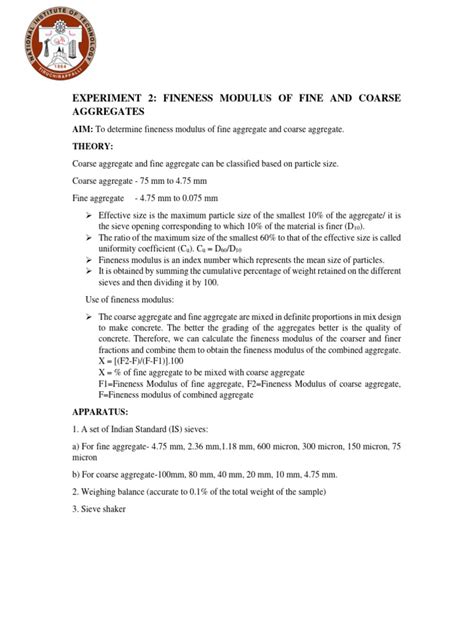 Exp 2 Fineness Modulus Of Coarse And Fine Aggregate Pdf Physical Sciences Applied And