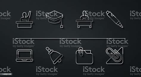 남자 아이가 손을 들고 있는 것 노트북 마커 펜 클립이 있는 문서 폴더 울리는 종소리 졸업 모자 종이와 남학생이 책상에 앉아 있는 아이콘을 설정합니다 벡터 0명에 대한 스톡