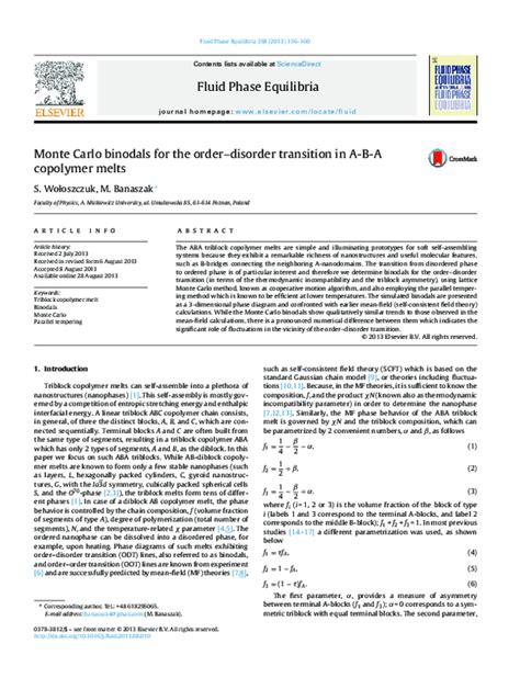 Pdf Monte Carlo Binodals For The Orderdisorder Transition In A B A Copolymer Melts