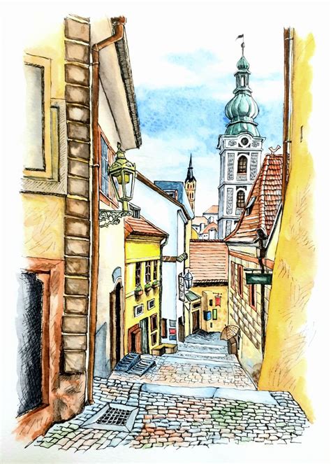 펜드로잉 수채화 체코의 오솔길 그리기 Chesky Krumlov Trail 어반 아트 풍경화 수채화
