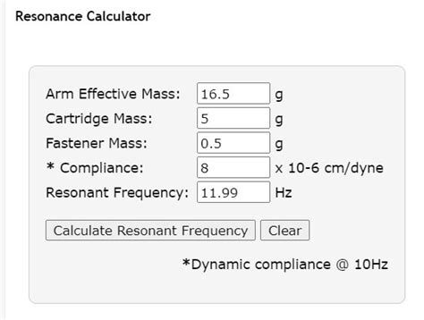 resonance calculation when only 100hz dynamic compliance specified vinyl engine