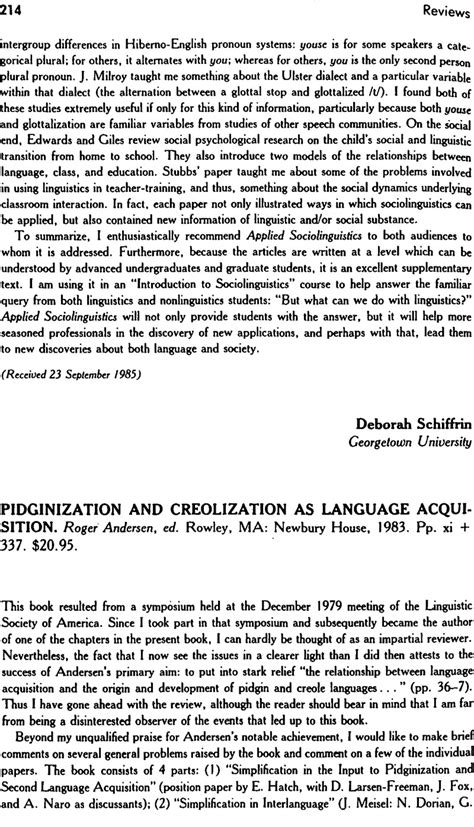 Pidginization And Creolization As Language Acquisition Roger Andersen Ed Rowley Ma Newbury