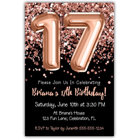 17th Birthday Invitation Rose Gold Balloons Glitter On Black Birthday