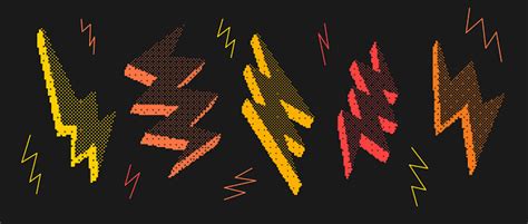 비트맵 텍스처 번개 섬광 세트입니다 디더 하프톤 썬더볼트 컬렉션 주황색 빨간색 노란색 스트라이크 또는 배너 포스터 전단지에 대한 화살표 요소 픽셀화된 3d 래스터 효과 번들