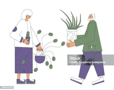 Pecinta Tanaman Pria Dengan Pot Bunga Indor Vektor Ilustrasi Stok