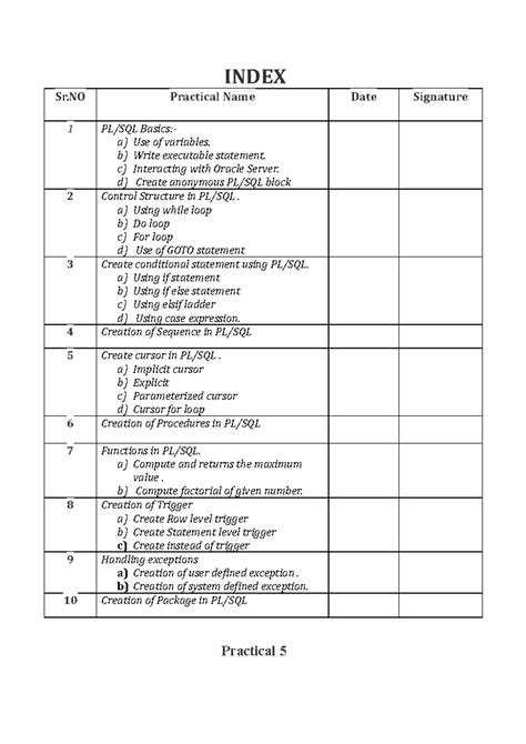 Plsql 5 10 Practical Green It Index Sr Practical Name Date Signature 1 Plsql Basics A