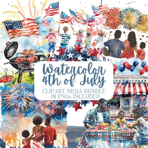 Watercolor 4th Of July Clipart Independence Day Graphics Set