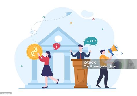 선거 및 민주적 거버넌스 아이디어가있는 정치인 만화 손으로 그린 일러스트레이션은 청중 앞에서 정치 토론에 참여합니다 개념에 대한