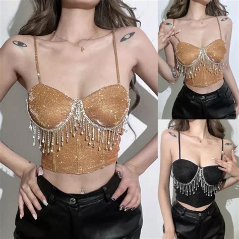 Soutien Gorge Femme Sexy Coupé Avec Glands Noir Cristal Pour Fête Club
