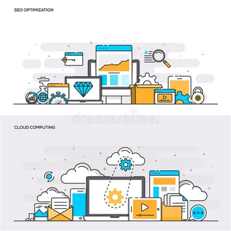 Flat Line Color Concept Seo And Cloud Computing Stock Vector Illustration Of Network