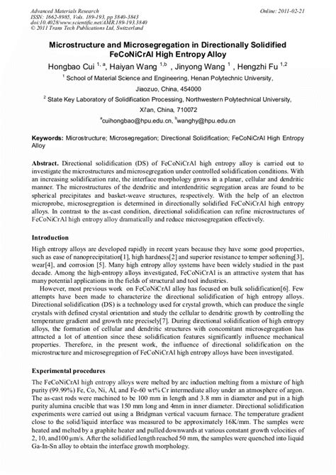 Microstructure And Microsegregation In Directionally Solidified Feconicral High Entropy Alloy