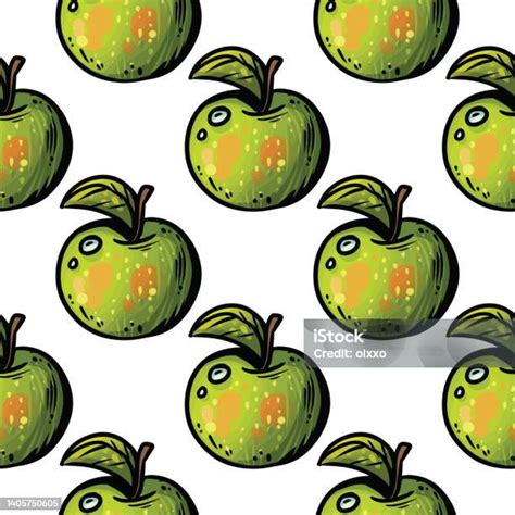 귀여운 만화 사과 낙서 원활한 테두리 패턴 벡터 반복 가능한 배경 텍스처 타일입니다 포장을위한 스톡 일러스트레이션의 아늑한 템플릿 벽지 개념에 대한 스톡 벡터 아트 및 기타
