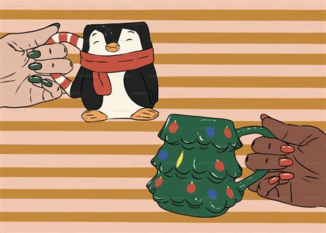 펭귄과 펭귄이 크리스마스 트리 머그잔을 들고 있습니다 벡터 Unsplash의 홀리와 졸리 이미지