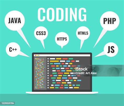 Pemrograman Konsep Pengembangan Web Kode Di Laptop Layar Tempat Kerja Ilustrasi Vektor Ilustrasi