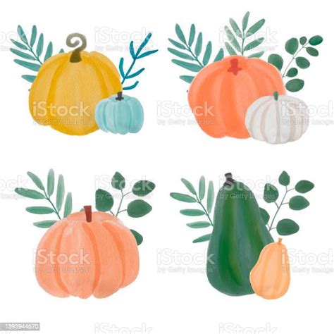 꽃 요소가있는 수채화 호박 가을 수확 축복 손은 흰색 배경에 고립 된 그림을 그렸습니다 추수 감사절 할로윈 구성 장식 디자인 요소 노란 호박 10월에 대한 스톡 벡터 아트