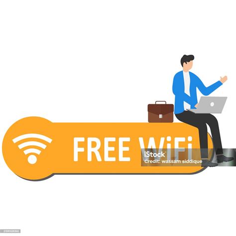 노트북을 들고 앉아 있는 자신감 넘치는 프리랜서 남성 캐릭터는 큰 버튼이나 레이블에 손가락을 보여줍니다 무료 와이파이 공용