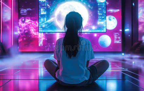 A Woman Sits In A Room Surrounded By Futuristic Technology Generative Ai Stock Illustration
