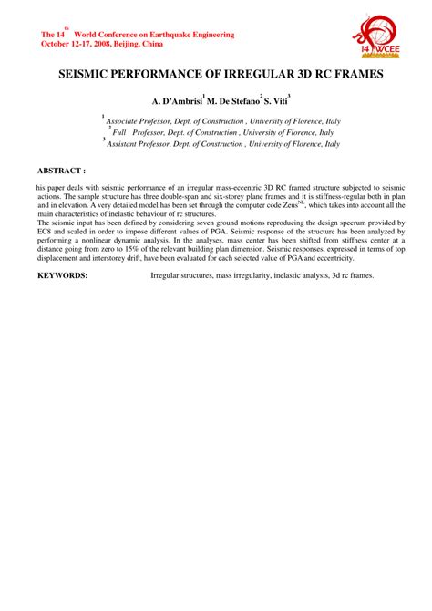 Pdf Seismic Performance Of Irregular 3d Rc Frames