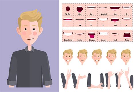 스타일리시한 금발 청년 캐릭터 얼굴 생성 표정 립싱크 손 제스처 및 감정 애니메이션 프리젠 테이션 및 포즈 평면 디자인 벡터