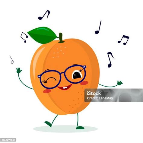 안경에 귀여운 잘 익은 살구 만화 캐릭터가 음악을 춤 로고 템플릿 디자인입니다 벡터 일러스트 레이 션 플랫 스타일 감정에 대한 스톡 벡터 아트 및 기타 이미지 Istock