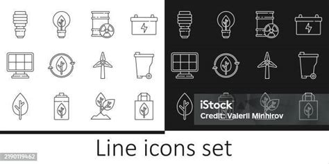 재활용 쓰레기통 방사성 폐기물 배럴 재활용 및 잎 태양 에너지 패널 Led 전구 풍력 터빈 및 조명 아이콘이있는 세트 라인 쇼핑백 벡터 0명에 대한 스톡 벡터 아트 및 기타