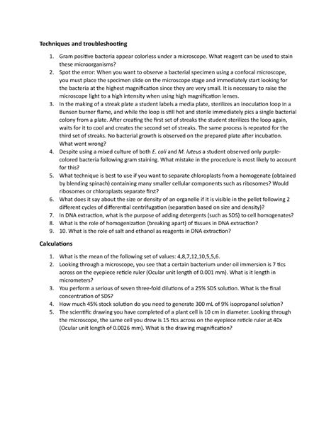 biol 1010 lab exam review questions prep techniques and