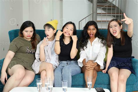 Young Asian Woman Group Talk Gossip Chat Sing Funny Mocking Faces