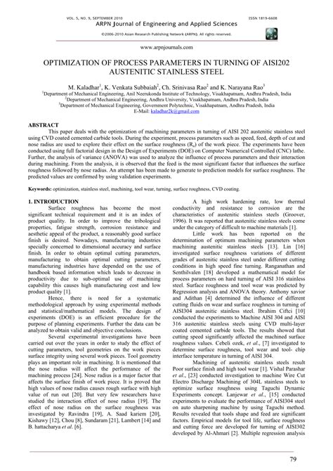 Pdf Optimization Of Process Parameters In Turning Of Aisi202 Austenitic Stainless Steel
