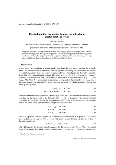 Pdf Classical Solutions To A Moving Boundary Problem For An Elliptic Parabolic System