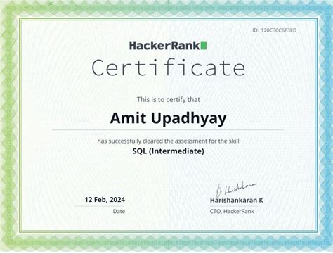 earned sql intermediate certificate from hackerrank amit upadhyay