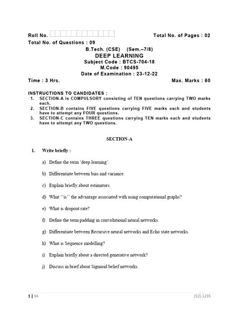 Btech Cse 7 Sem 8 Sem Deep Learning 90495 Dec 2022 Pdf Deep Learning Algorithms