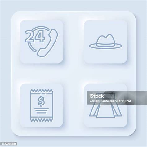 세트 라인 전화 24 시간 지원 리본이 달린 남자 모자 종이 수표 및 재정 수표와 치마 흰색 사각형 버튼입니다 벡터 0명에 대한