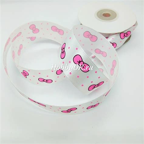 Атласная лента с розовым бантом 25 мм белая ХоббиОК
