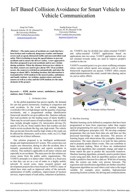 PDF IoT Based Collision Avoidance For Smart Vehicle To Vehicle Communication
