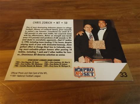 Chris Zorich Notre Dame 1990 Lombardi Award Winner Nfl Pro Set 1991