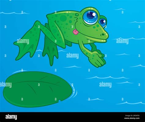 Vector Drawing Of A Cute Frog Diving Off Of A Lily Pad Into Water Drawn In A Humorous Cartoon