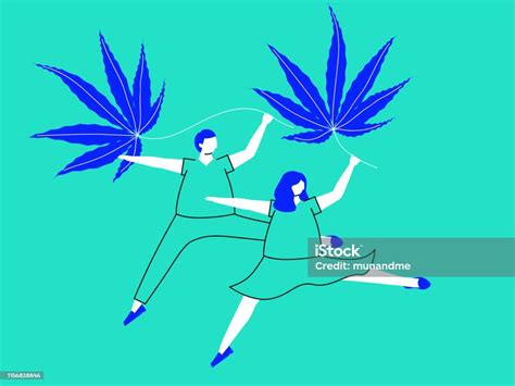 마리화나를 들고 발레 춤을추는 남자와 여자는 파란색과 시안 색조의 마리화나 합법화를 축하하는 메시지를 전달합니다 마리화나 대마초에 대한 스톡 벡터 아트 및 기타 이미지
