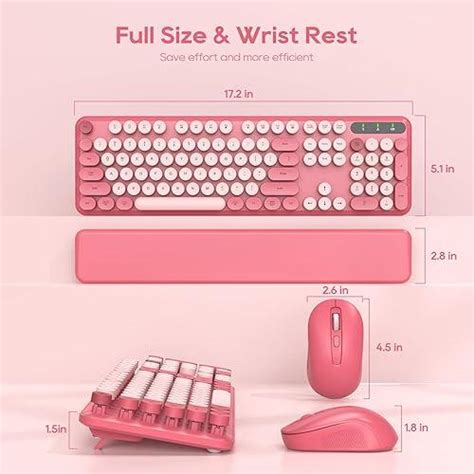 Wireless Keyboard And Mouse Combo Pink Retro Keyboard With Round Keycaps Full Size Typewriter