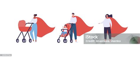 슈퍼 히어로 부모 가족 캐릭터 개념 벡터 플랫 남성과 여성 사람들 일러스트 세트 아기 유모차와 흰색 배경에 고립 된 임신 한