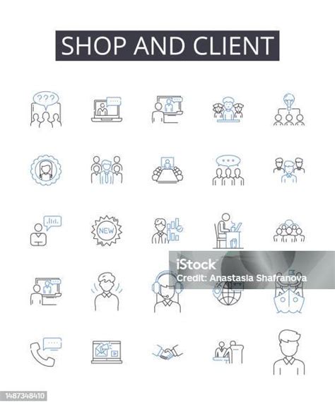 상점 및 고객 라인 아이콘 모음입니다 접수원 로비 체크인 체크아웃 환대 컨시어지 예약 벡터 및 선형 그림 손님 커뮤니케이션 멀티태스킹 개요 표지판 세트 아이콘에 대한 스톡