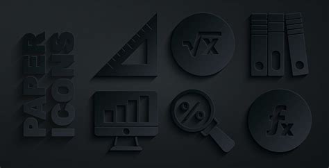 백분율로 돋보기 Office 폴더 컴퓨터 모니터 그래프 차트 함수 수학 기호 X 글리프의 제곱근 및 삼각형 눈금자 아이콘을 설정합니다 벡터 0명에 대한 스톡 벡터 아트 및