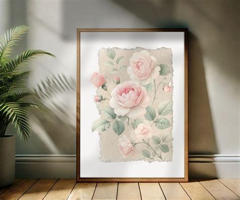 Pink Gingham Rose Watercolor Print Vintage English Garden Wall Art