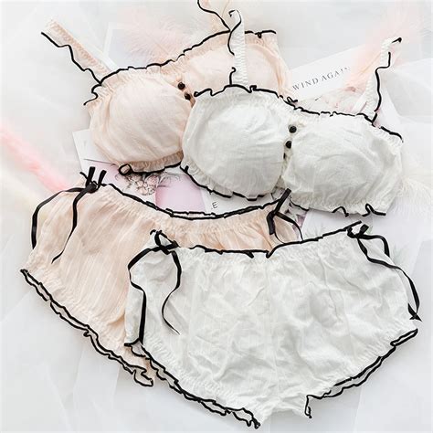 Kawaii 란제리 여성 튜브 탑 화이트 핑크 Bandeau Femme 와이어 무료 브래지어와 팬티 프릴 세트 속옷 잠옷 나이트