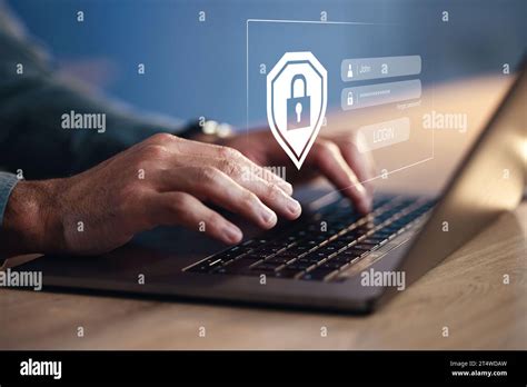 Hands Programmer On Laptop And Hologram For Password Login Cyber